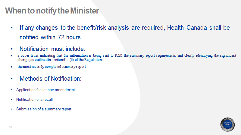 When you must notify the Health Canada Minister of Health of changes to ...